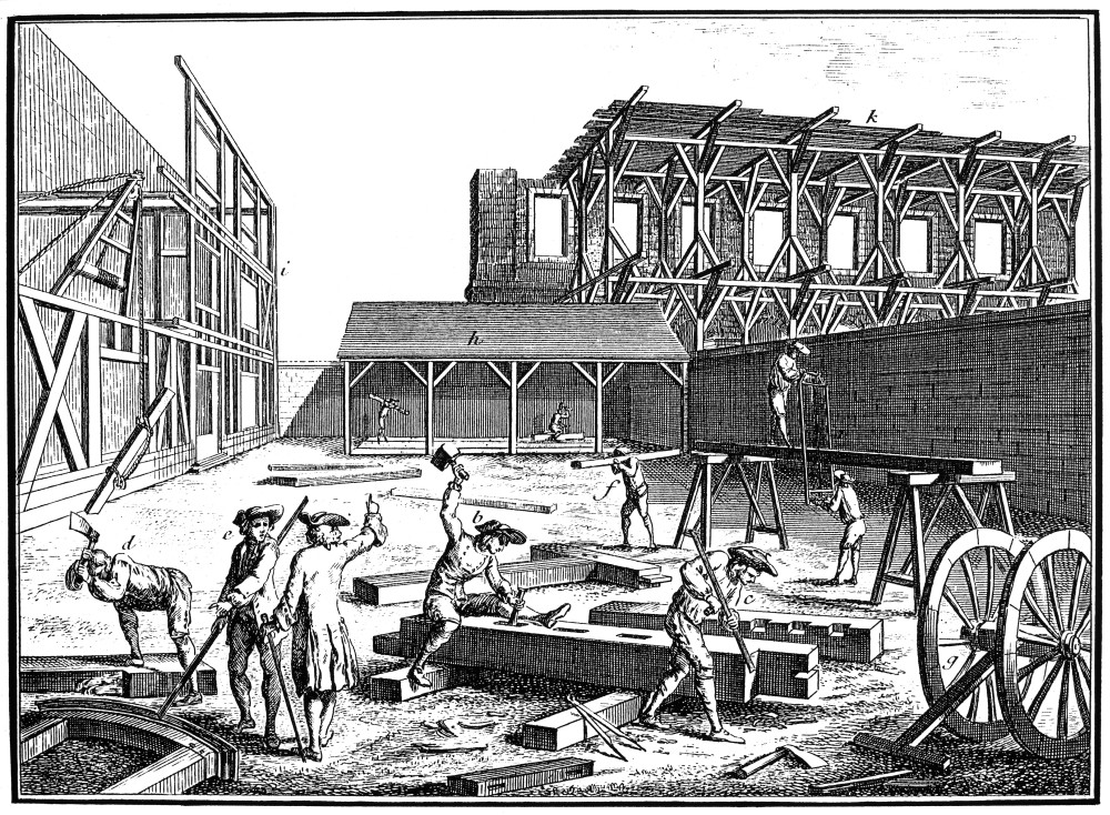 Carpenters, 18Th Century. /Ncarpenters Sawing Timbers (A), Chiseling ...