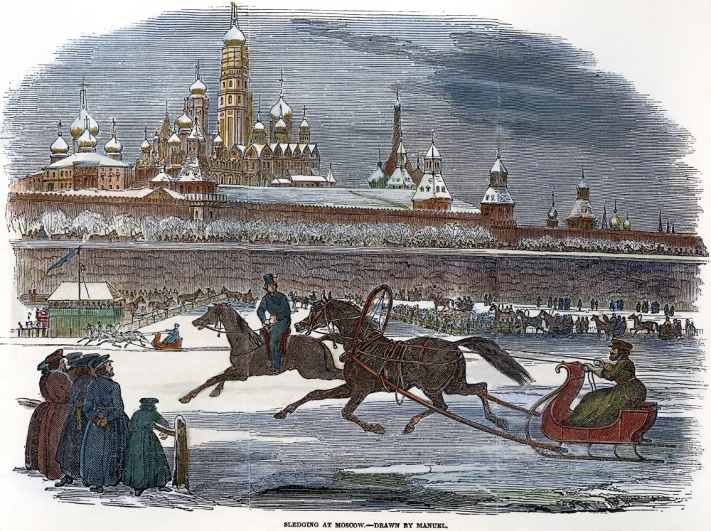 Moscow: Winter, 1850. /Nsleighing In Moscow, Russia. Wood Engraving, English, 1850. Poster Print ...