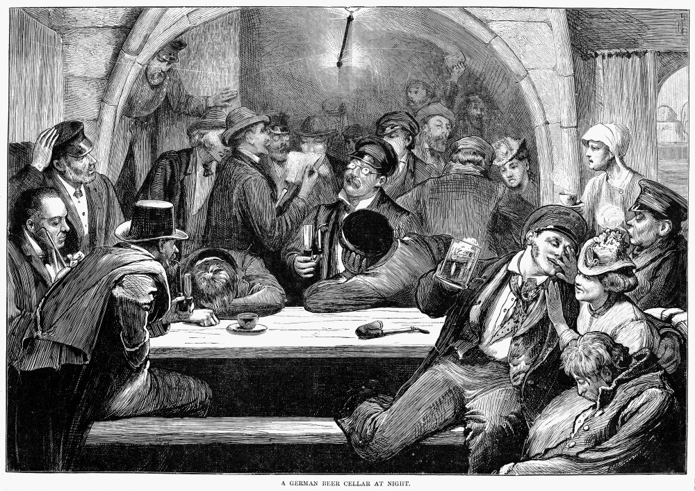 Germany: Beer Cellar, 1875. /N'A German Beer Cellar At Night.' Wood ...
