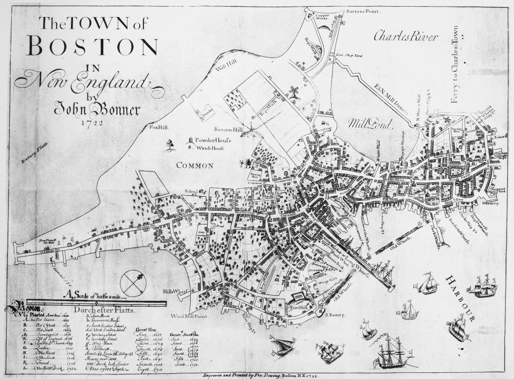 Boston Map, 1722. /Na Map Of Boston, Massachusetts, By John Bonner ...