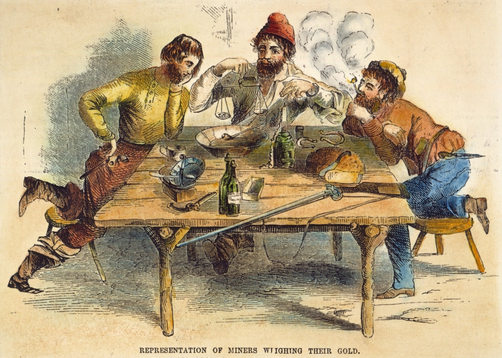 Gold Rush. /N'Forty-Niners' In California Weighing Their Gold. Wood ...