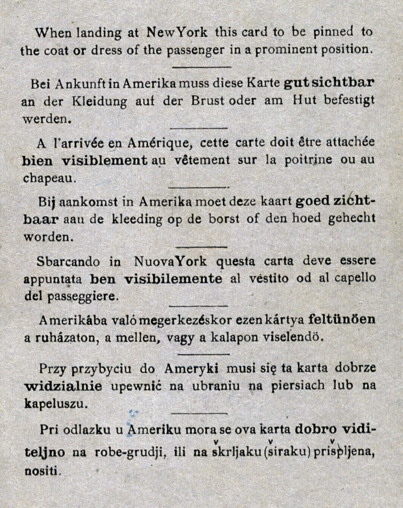 Ellis Island Landing Card. /Nback Of A Landing Card With Instructions ...