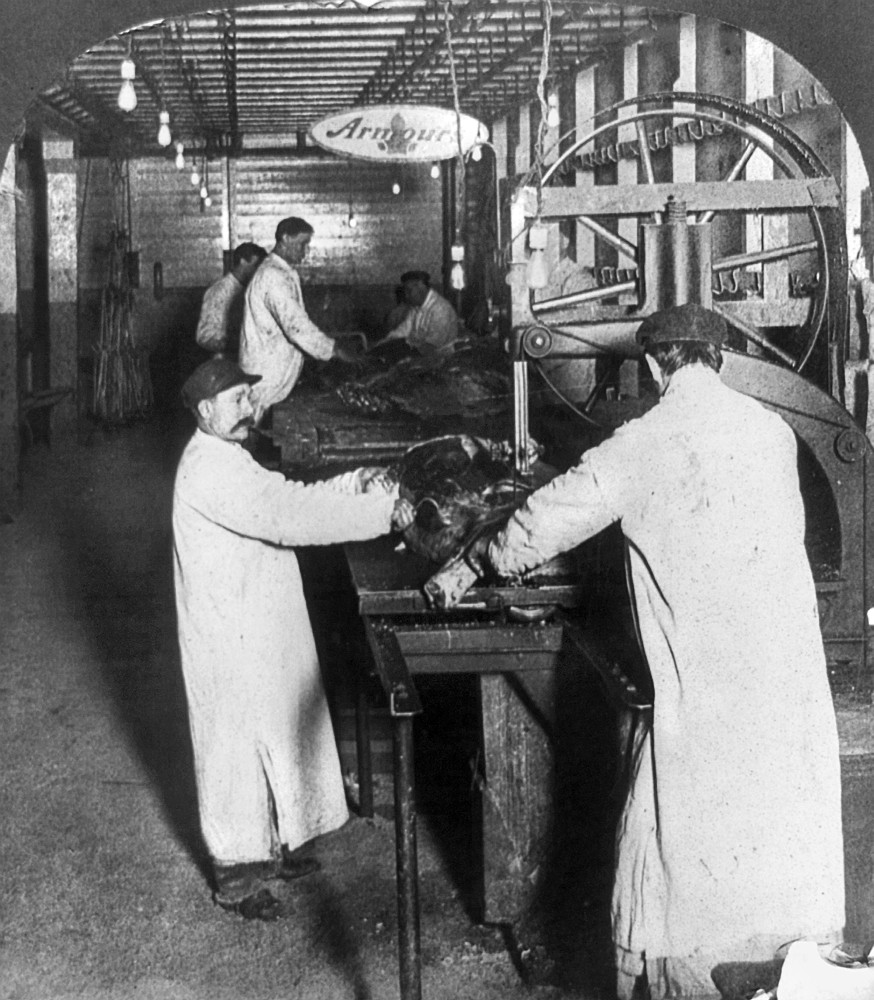 Chicago: Meatpacking. /Nfactory Workers Using The Beef Cutting Machine ...