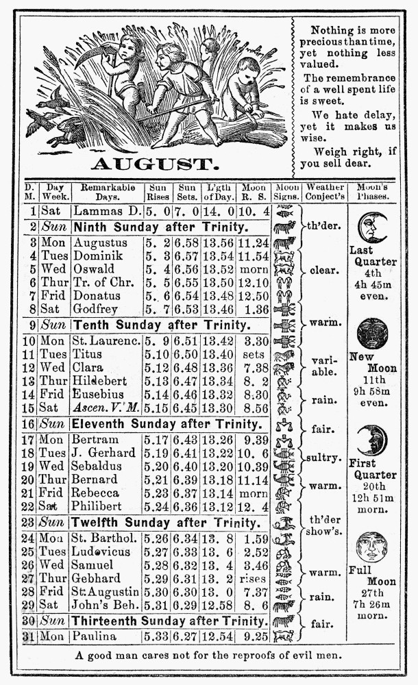 Family Almanac, 1874. /Nthe Calendar For August From Dr. J.H. Mclean'S ...