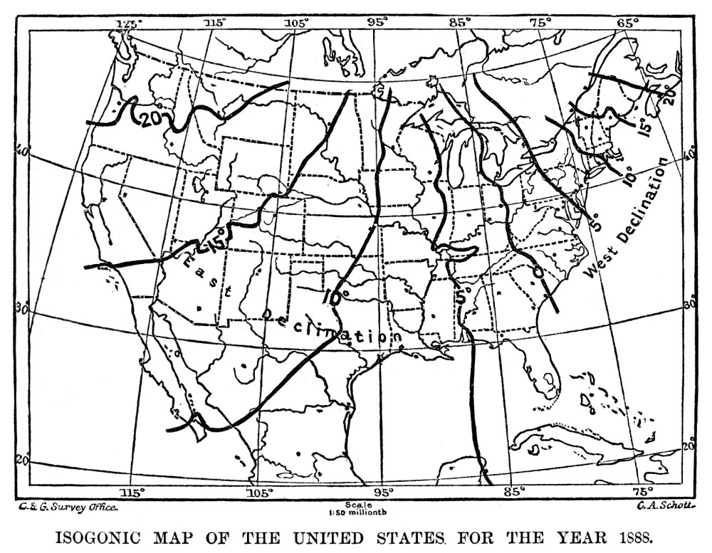 Isogonic Map, 1888. /Nisogonic Map Showing The Lines Of Magnetic ...