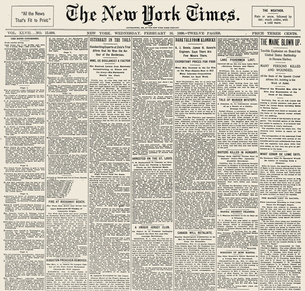 Uss 'Maine' Explosion, 1898. /Nupper Half Of The Front Page Of The "New ...