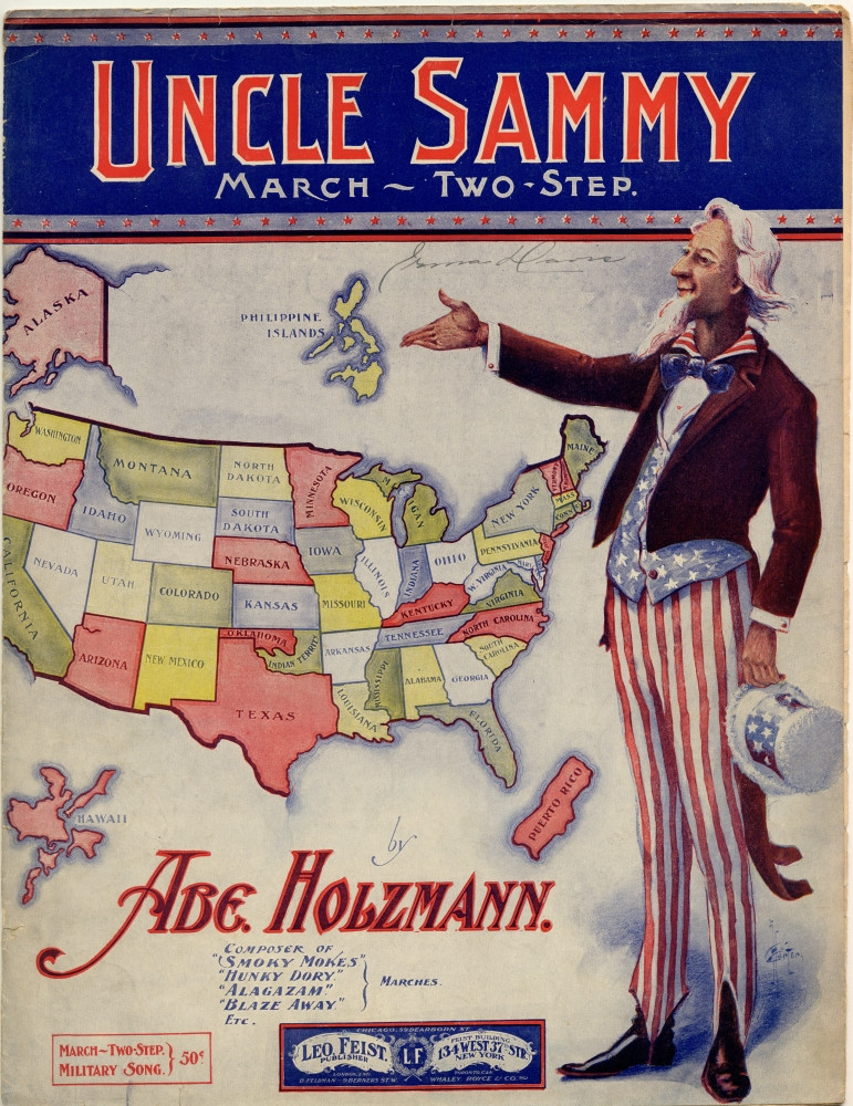 Uncle Sam looks over a map of the US including the Philippines, Hawaii ...