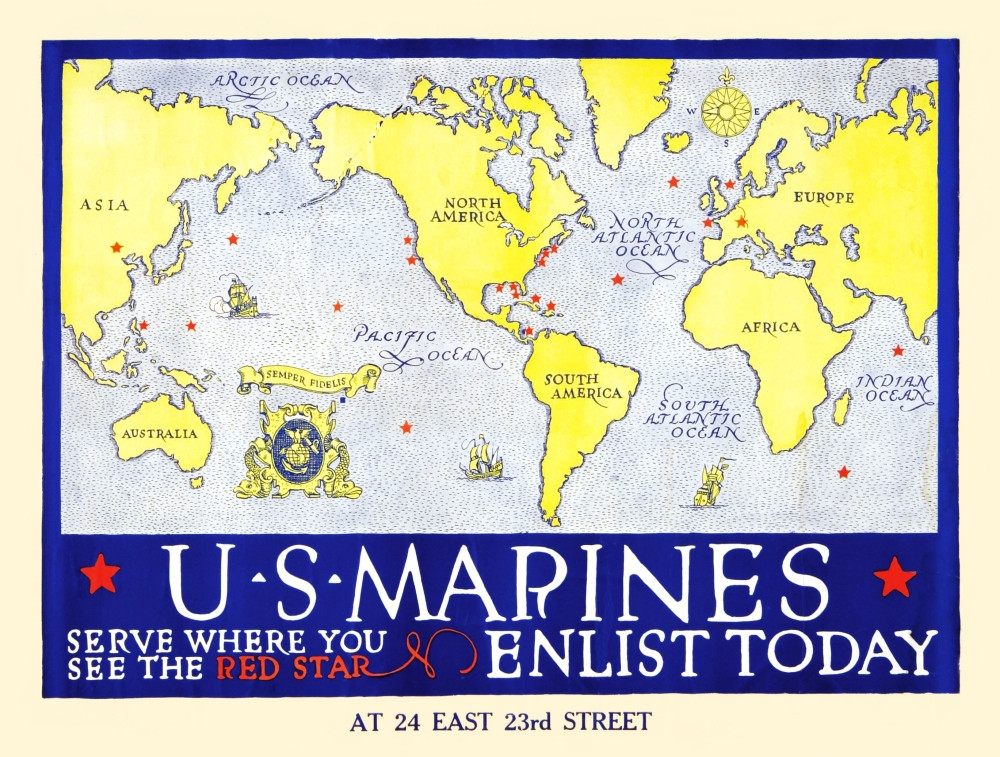 WWI recruiting poster showing a map of the world with US Marine Corp ...