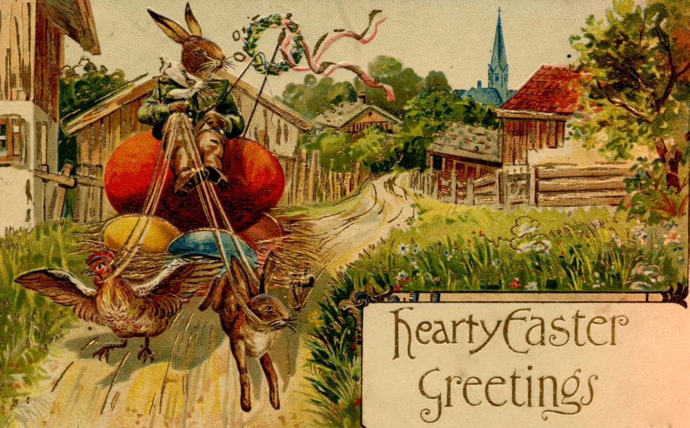 Bunny Pulled by a Chicken & rabbit as he sits on eggs in his basket ...