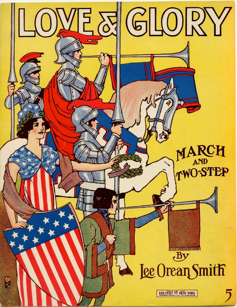 Medieval Knights trumpet with banner furled, Lady Liberty with Crest of ...
