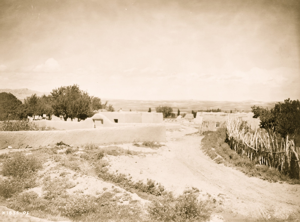 View of Pojoaque Pueblo, New Mexico, with adobe structures. Poster ...