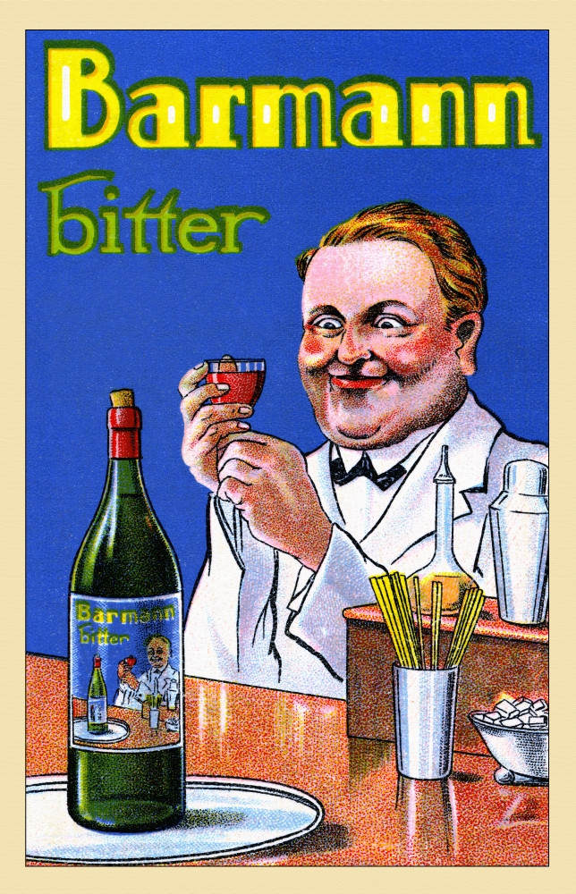Early European liquor label for Barmann Bitter showing a bartender with ...