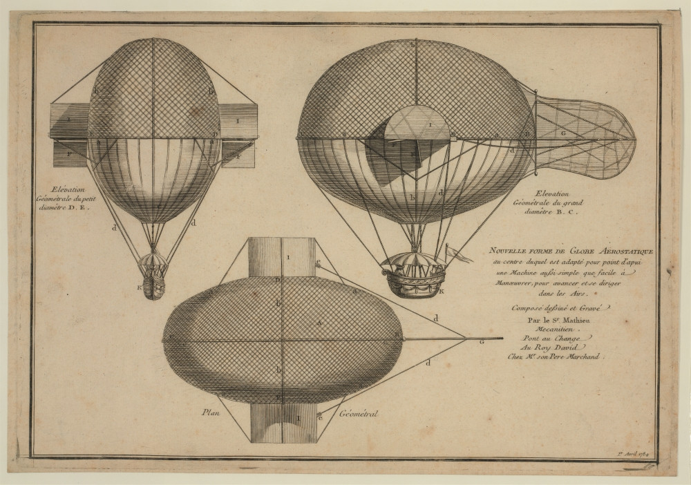 Design drawing shows front and side elevations and plan of balloon with ...