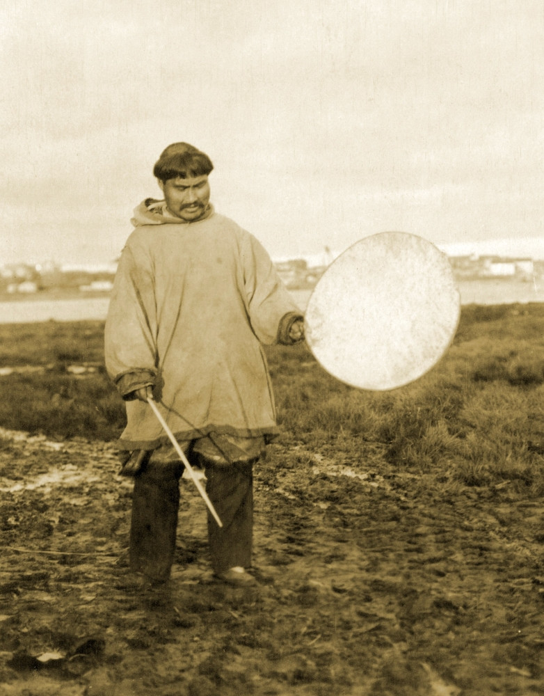 Drummer For Eskimo Dance In Nome Alaska. The Traditional Inuit Drum Was ...