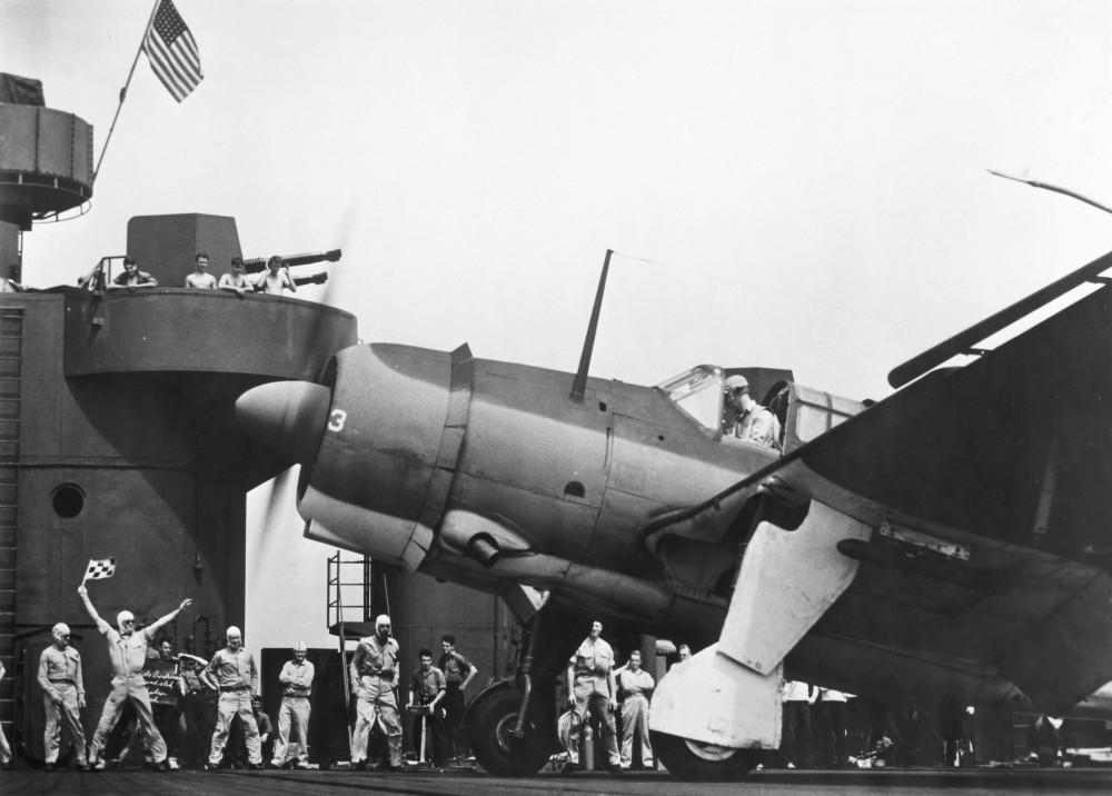 The Fighting Lady, 1944. /Na Take-Off Signal Officer Gives A Fighter ...