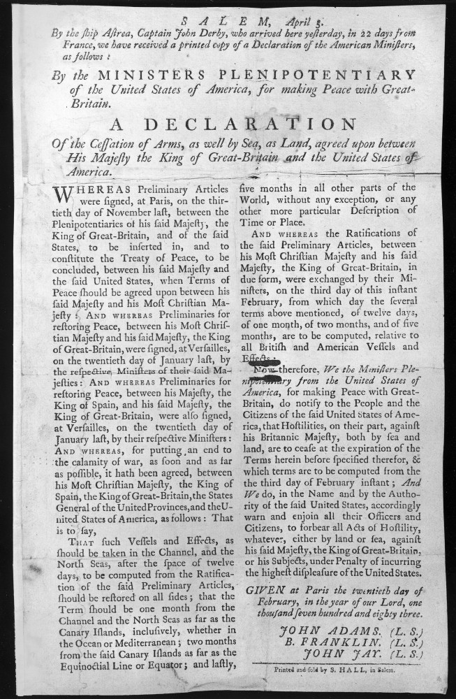 Treaty Of Paris, 1783. /Namerican Broadside, Printed At Salem ...