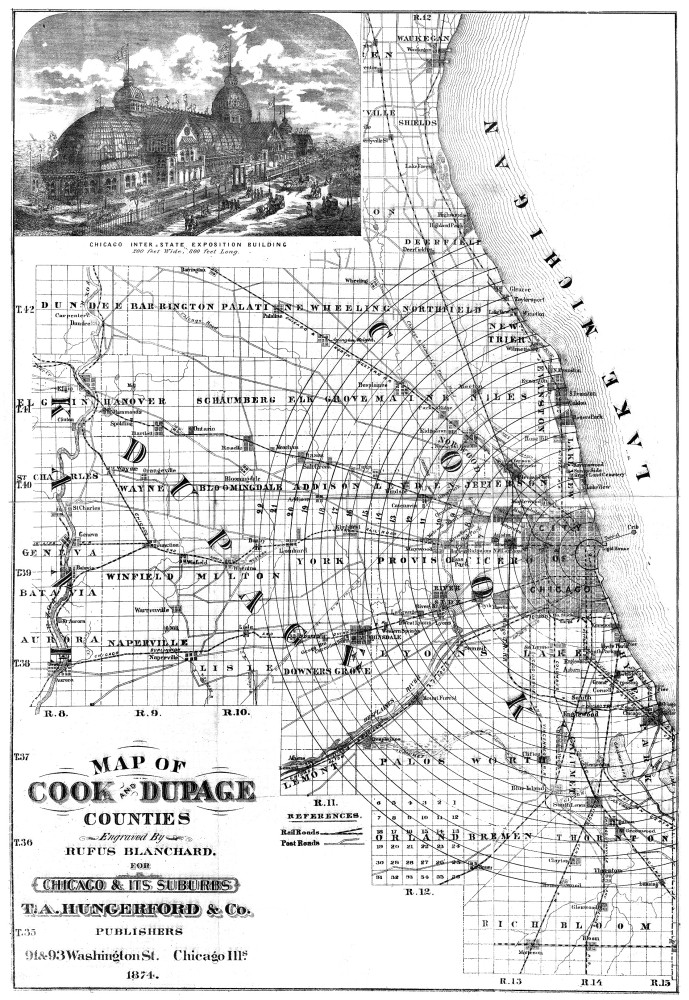 Map: Chicago, 1874. /Nmap Of Cook And Dupage Counties, Illinois ...