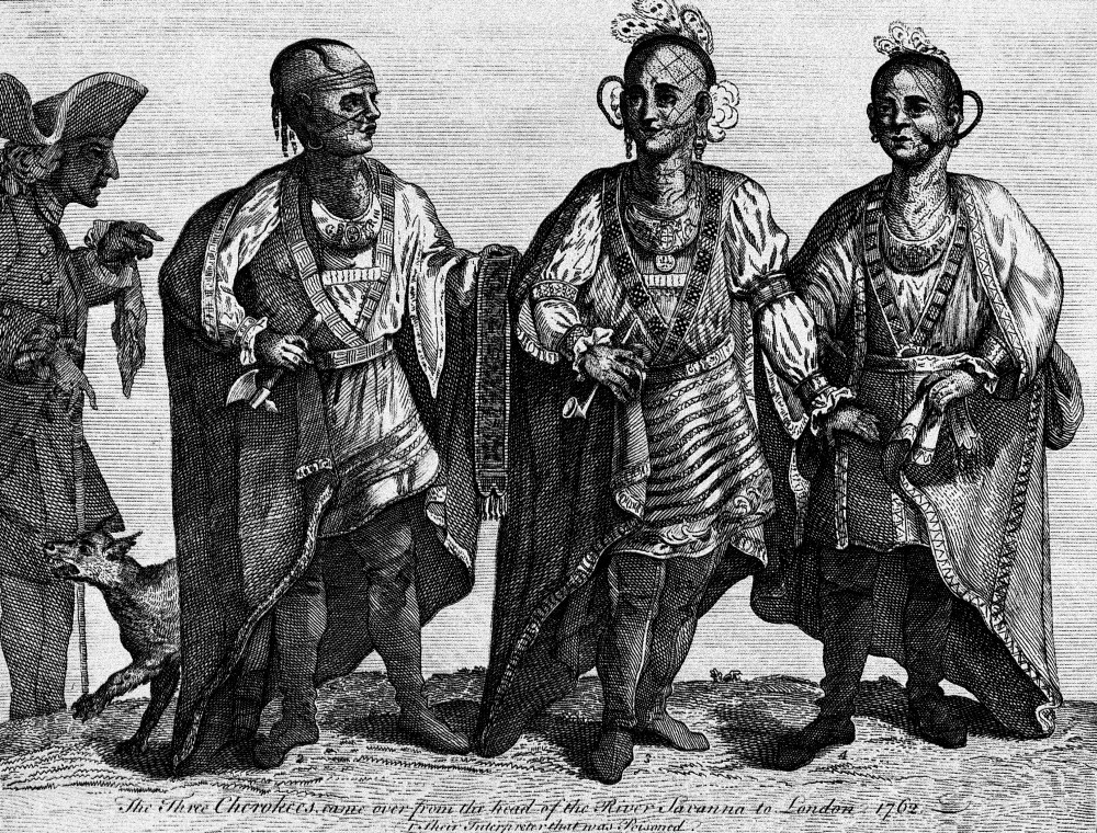 Cherokees In London, 1762. /Nostenaco (Second From Left, With Hatchet ...