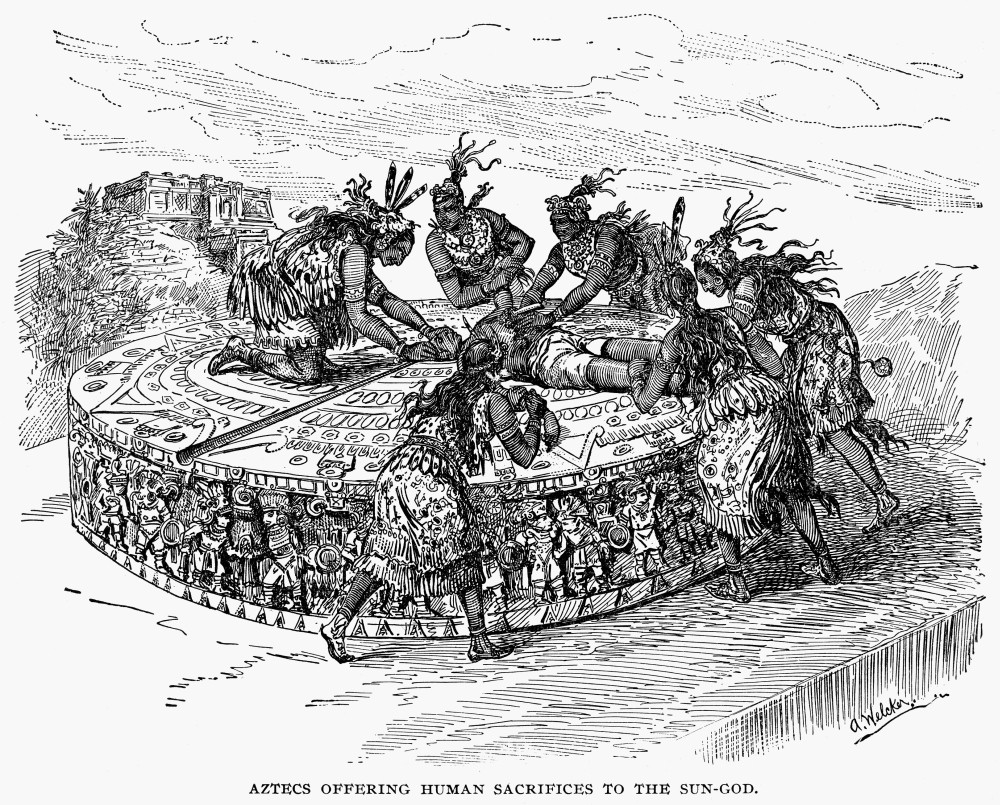 Mexico: Aztec Sacrifice. /N'Aztecs Offering Human Sacrifices To The Sun ...