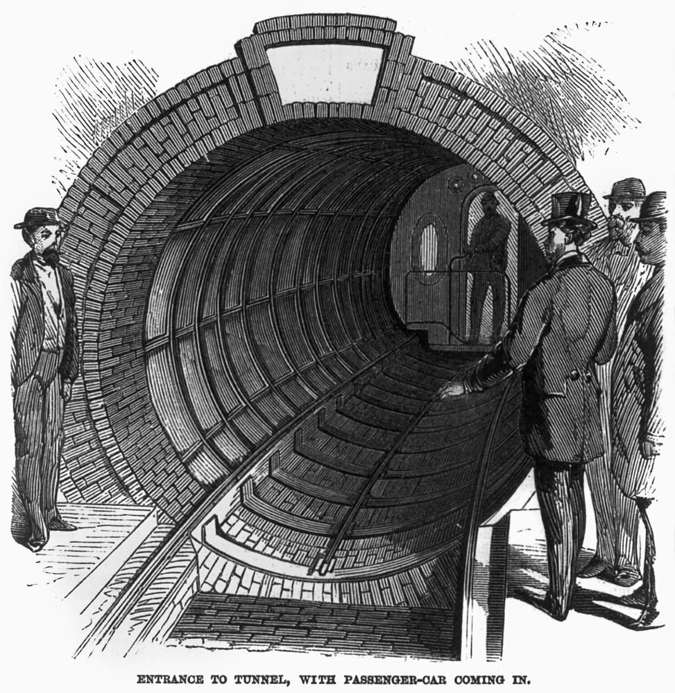Pneumatic Transit, 1870. /Npassenger Train Coming Into The Tunnel Of ...