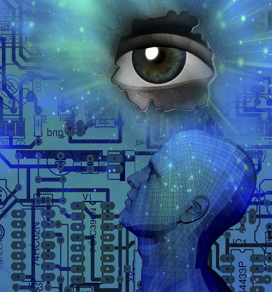 Cyborg head before microcircuit board with human eye. Poster Print by ...