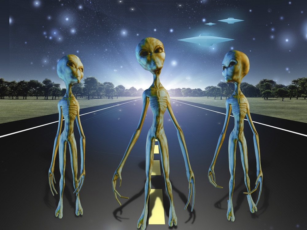 Aliens on country road. Spacecrafts in the starry sky Poster Print by ...