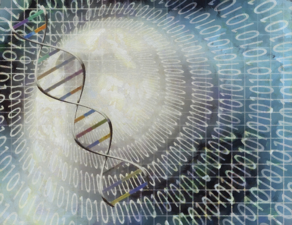Modern art. DNA chain inside tunnel of binary code. Poster Print by Bruce Rolff/Stocktrek Images ...