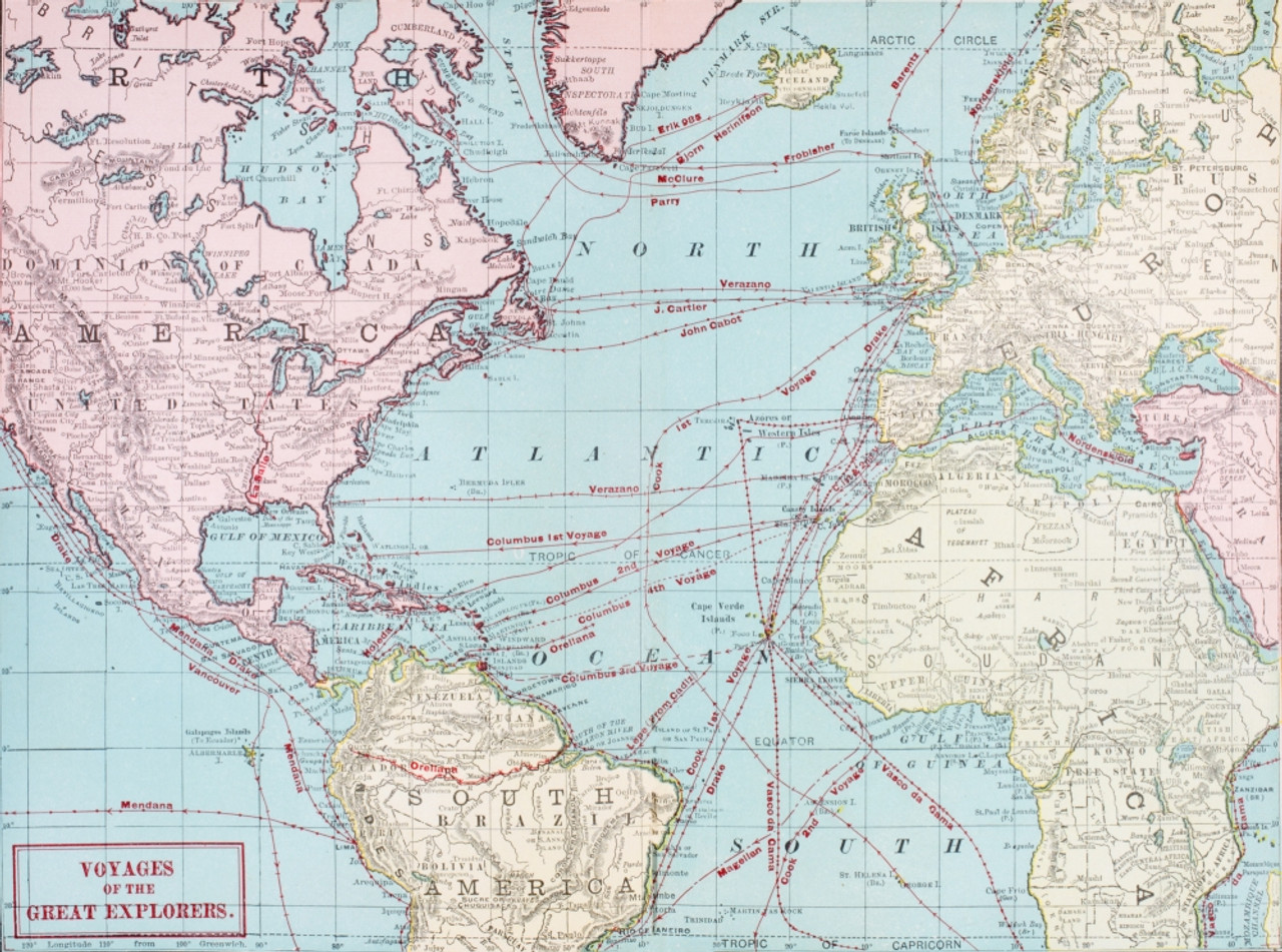 Map Showing The Voyages Of The Great Explorers Through The Ages. From ...