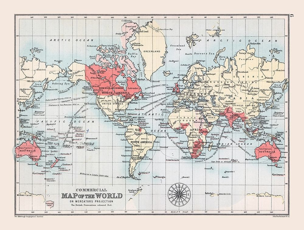 Commercial Route World - Bartholomew 1892 Poster Print by Bartholomew ...
