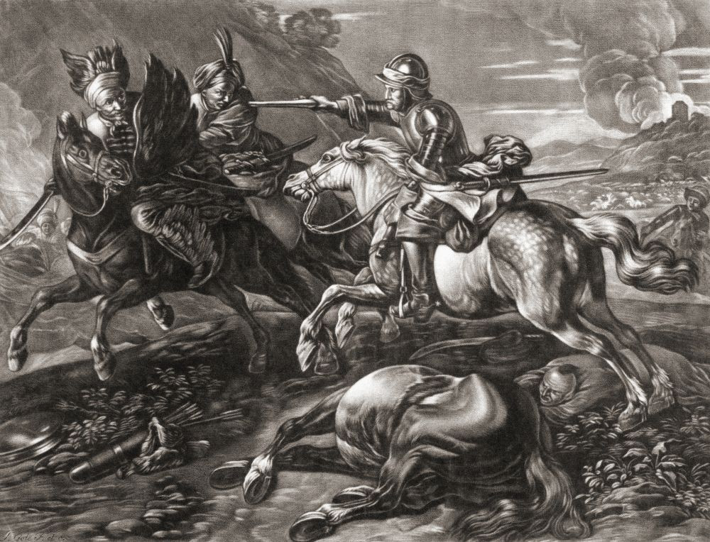 A European cavalry man aiming a pistol charges two Janissaries. The ...