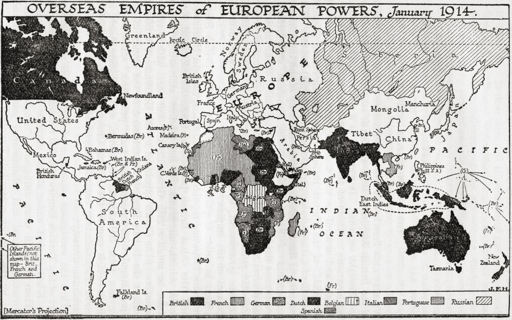 Map showing Overseas Empires of European Powers, January 1914. From A ...