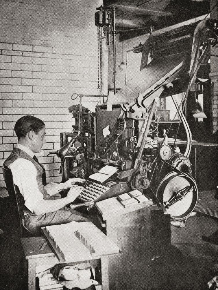 A linotype machine, a line casting machine used in printing newspapers ...