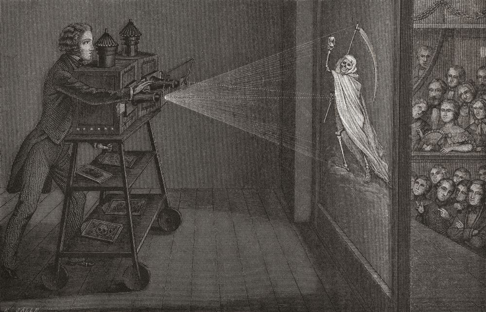 A phantasmagoria magic lantern horror show in the mid-19th century ...