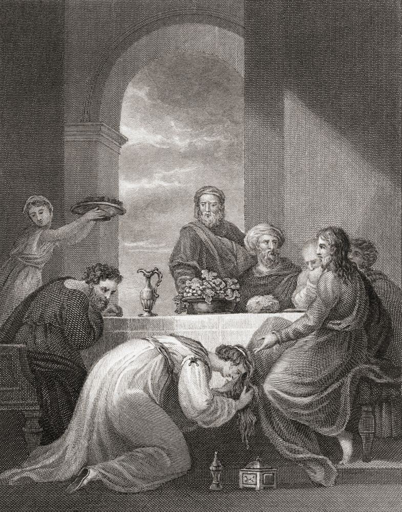 Mary Magdalene washing the feet of Jesus Christ and drying them with ...