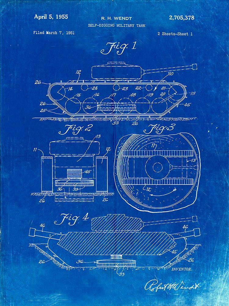 PP262-Faded Blueprint Military Self Digging Tank Patent Poster Poster ...
