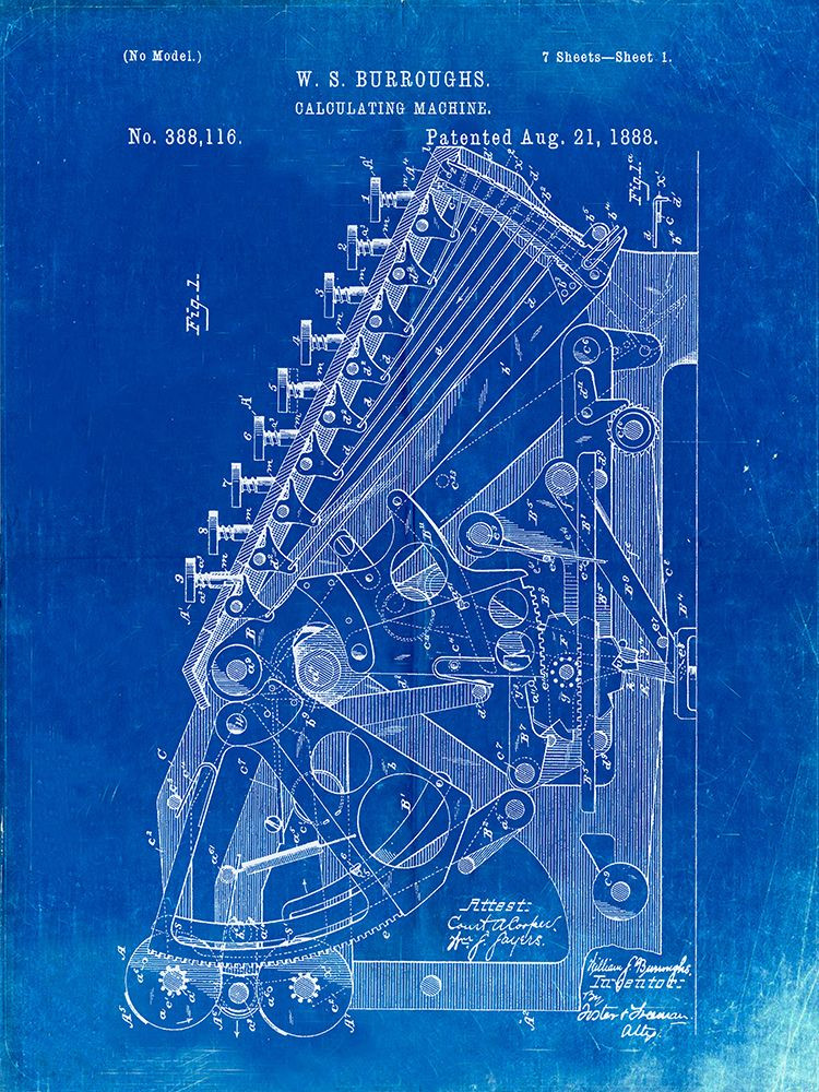 PP226-Faded Blueprint Burroughs Adding Machine Patent Poster Poster ...