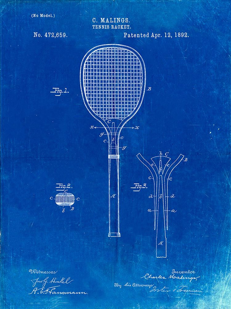 PP183- Faded Blueprint Tennis Racket 1892 Patent Poster Poster Print ...