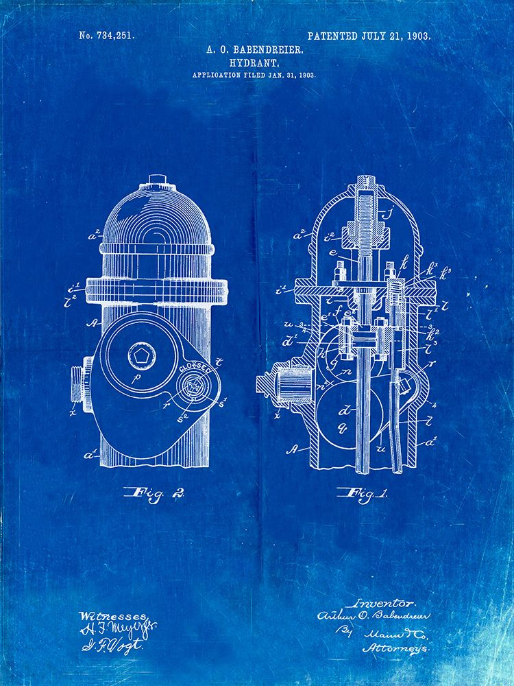 PP210-Faded Blueprint Fire Hydrant 1903 Patent Poster Poster Print ...