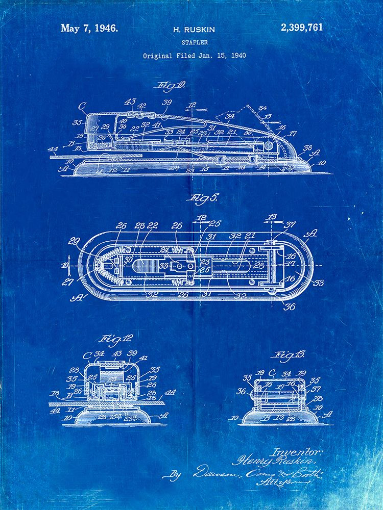 PP1052-Faded Blueprint Stapler Patent Poster Poster Print - Cole ...