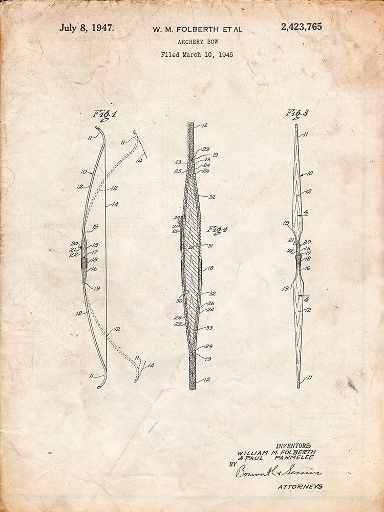 PP603-Vintage Parchment Bill Folberth Archery Bow Patent Poster Poster ...
