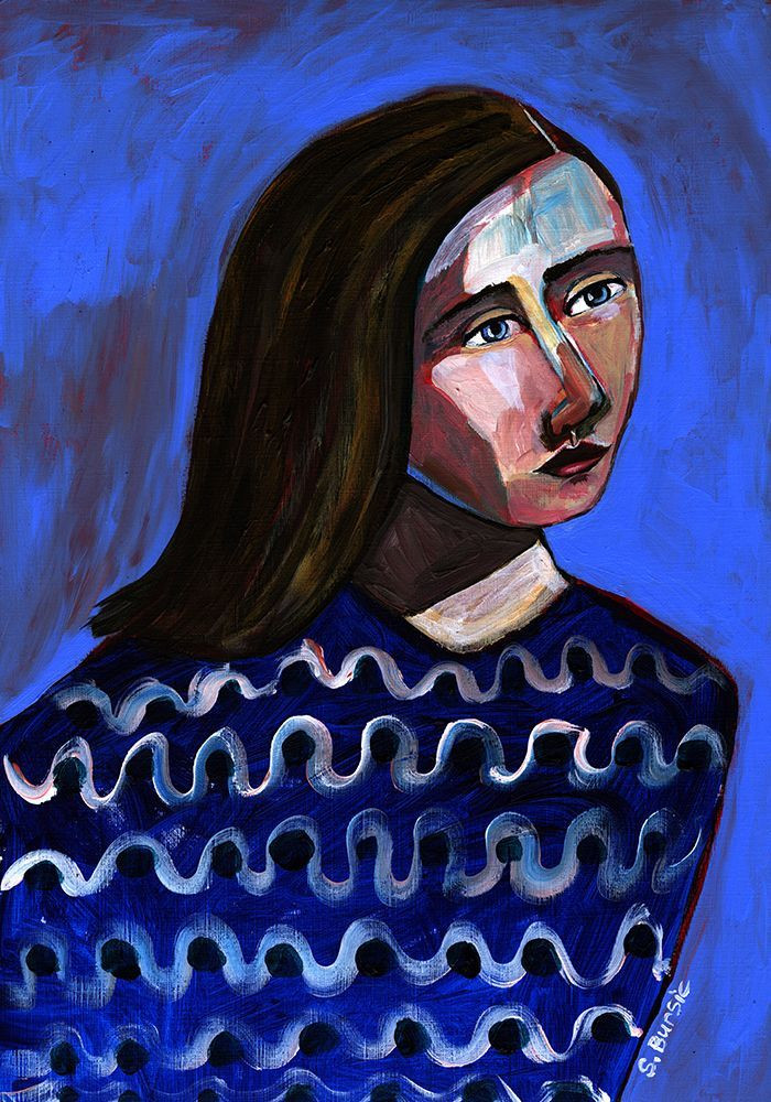Woman in Blue Sweater Naive Portrait Figurative Poster Print - Sharyn ...