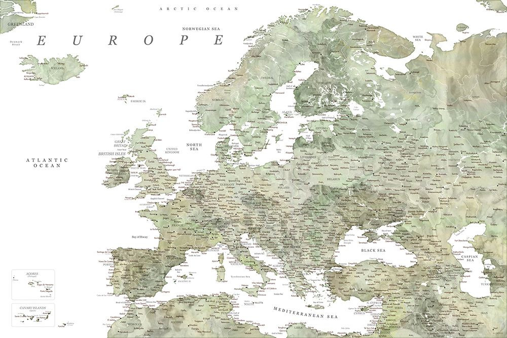 Green detailed map of Europe Poster Print - Blursbyai Rosana Laiz ...