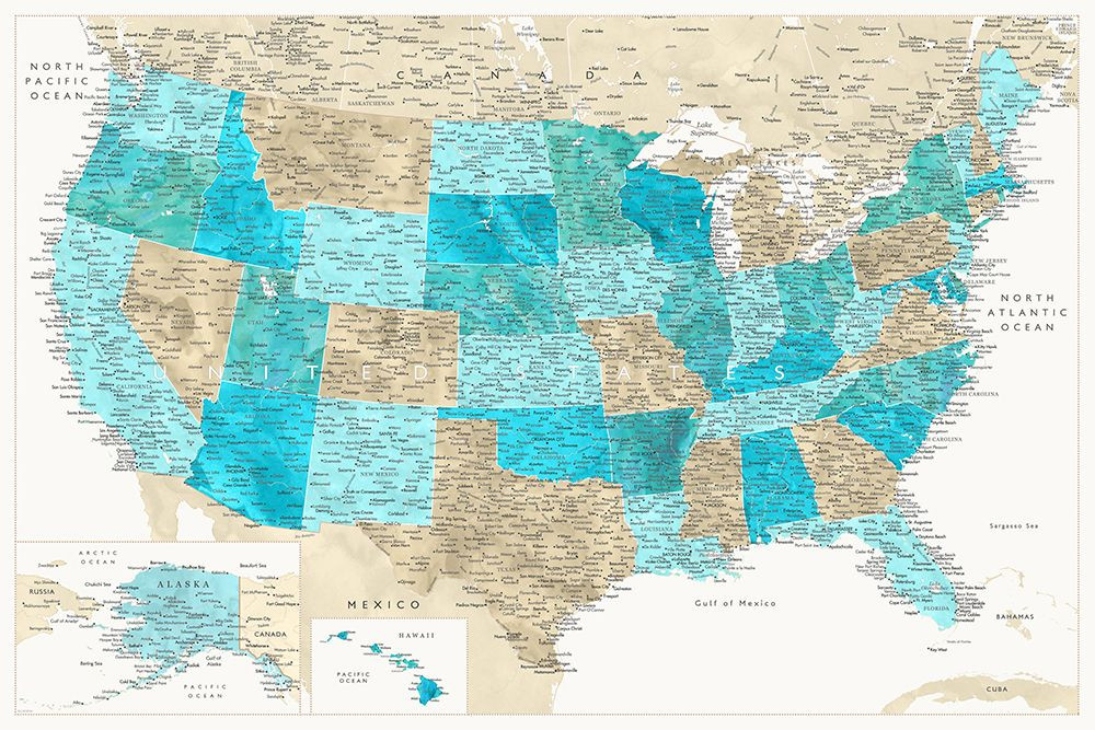 Highly detailed map of the United States, Uxia Poster Print - Blursbyai ...