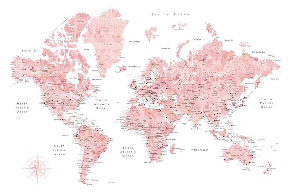 Pink watercolor world map with cities, Alheli Poster Print - Blursbyai ...