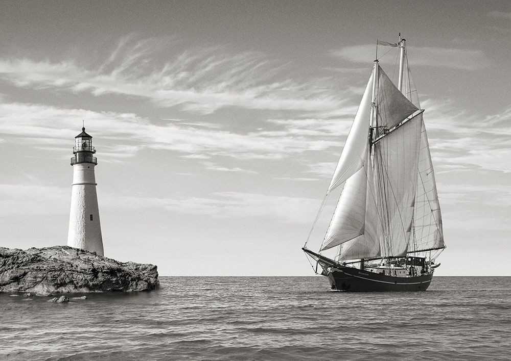 Sailboat approaching Lighthouse, Mediterranean Sea Poster Print ...