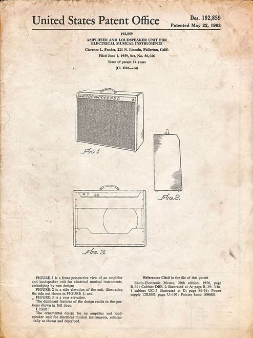 PP405-Vintage Parchment Fender 1962 Pro Amp Patent Poster Poster Print ...