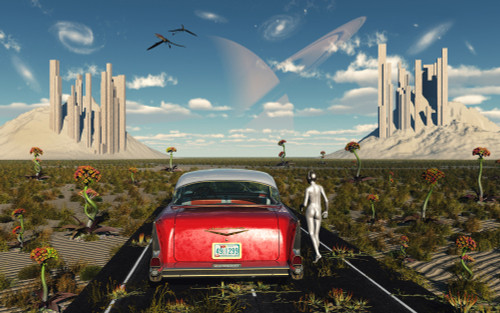 A Chevrolet car and robotic driver on a highway to nowhere on an alien ...