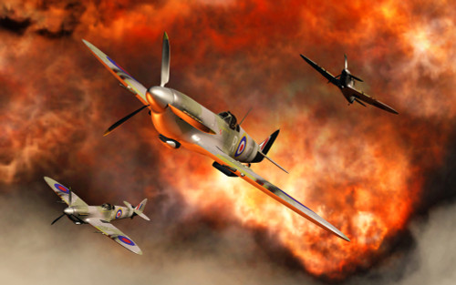 British Supermarine Spitfires bursting through the explosive flames of ...
