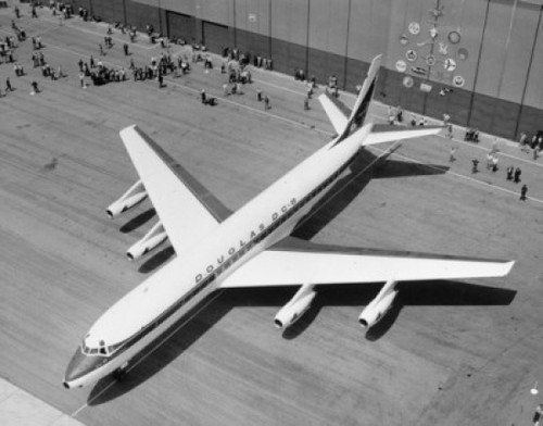 Aerial view of Douglas DC-8 airplane at airport Poster Print - Item ...
