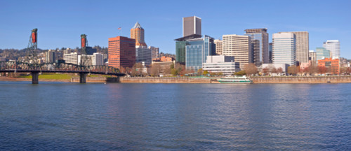Portland city skyline and river, Multnomah County, Oregon, USA Poster ...